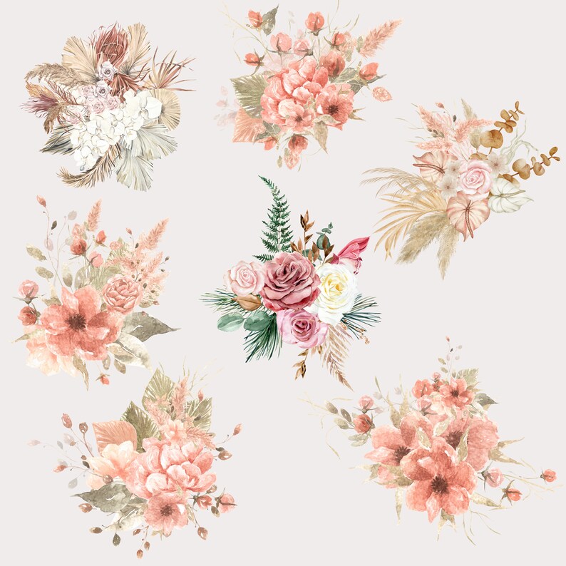 21 PNG Boho Flowers Clip Art, Boho Roses Bouquet Elegant, Watercolor ...
