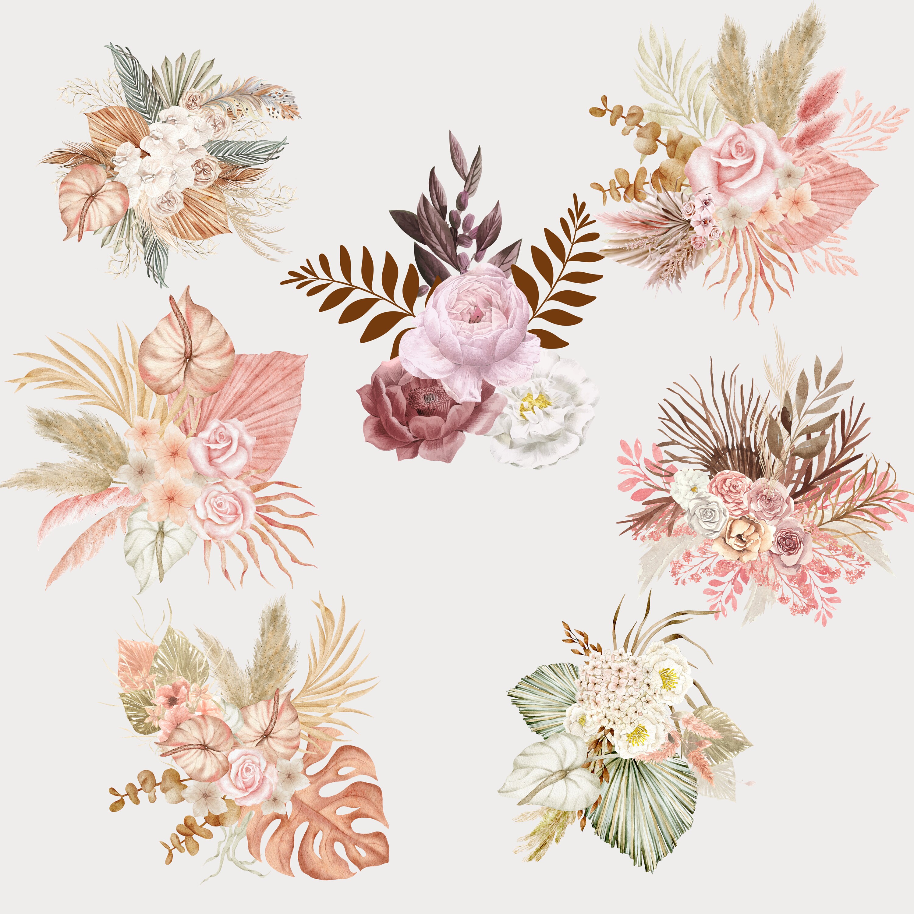 21 PNG Boho Flowers Clip Art, Boho Roses Bouquet Elegant, Watercolor ...