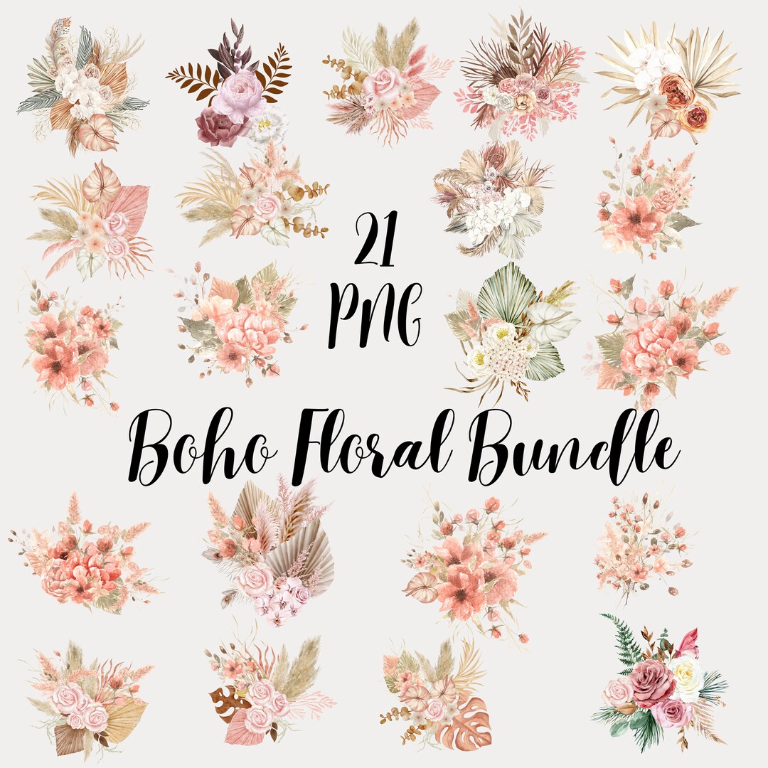 21 PNG Boho Flowers Clip Art, Boho Roses Bouquet Elegant, Watercolor ...