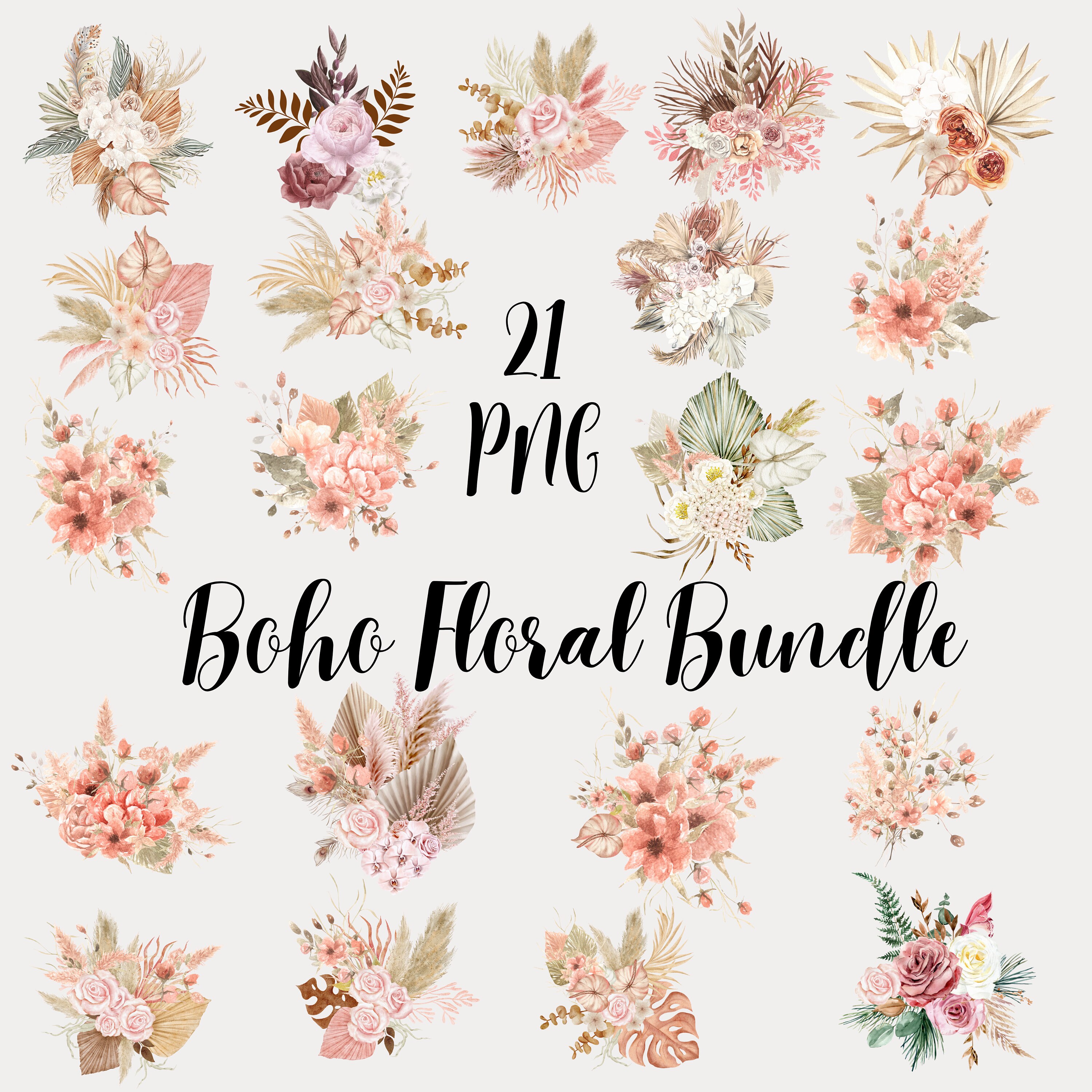 21 PNG Boho Flowers Clip Art, Boho Roses Bouquet Elegant, Watercolor ...