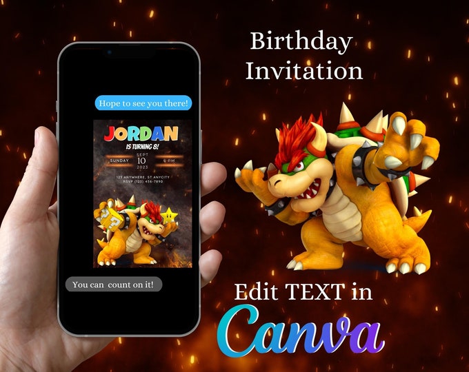 Bowser Super Mario Bros Digital Invitation Editable Birthday Invitation ...