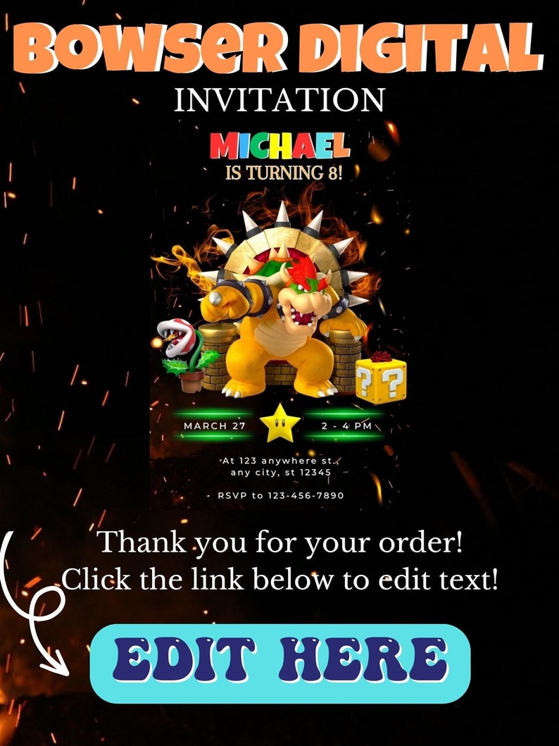 Bowser Super Mario Bros Digital Invitation | Editable Birthday ...