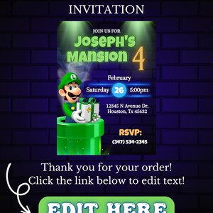 Luigi Super Mario Bros. Digital Birthday Invitation, Editable Birthday ...