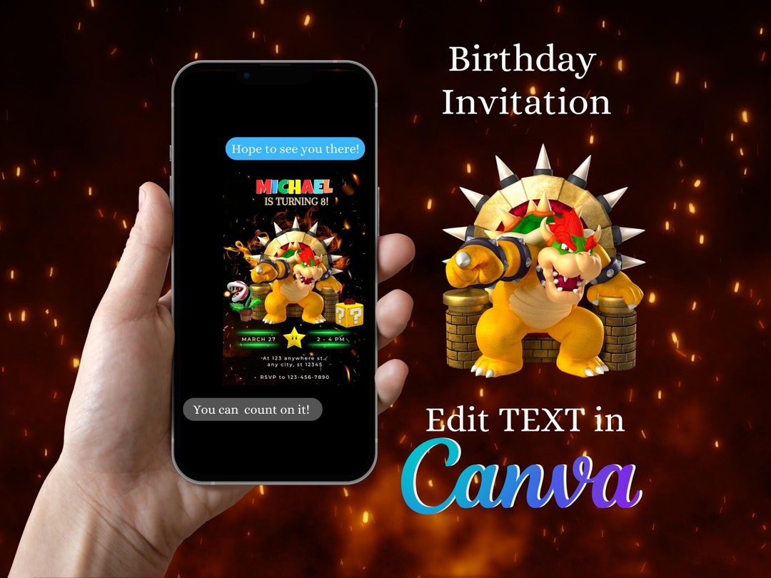 Bowser Super Mario Bros Digital Invitation | Editable Birthday ...