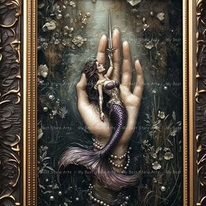 Purple Mermaid on Hand Art Print - Fantasy Victorian Picture, Cute ...