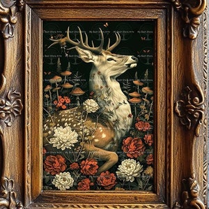 Cottagecore Deer Art Print - Botanical Poster, Moody Flower Wall Decor ...