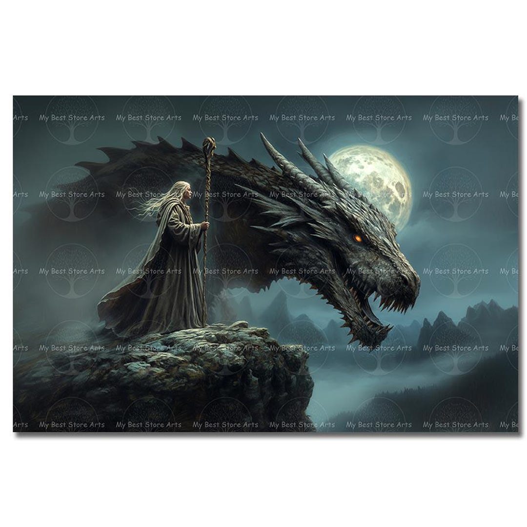 Mage and Dragon Art Print - Fantasy Decor, Moody Poster, Folklore ...