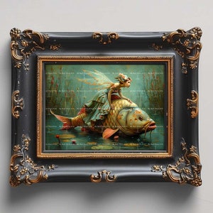 Fairy and Fish Art Print Fantasy Cottagecore Picture, Pond Fae Poster ...