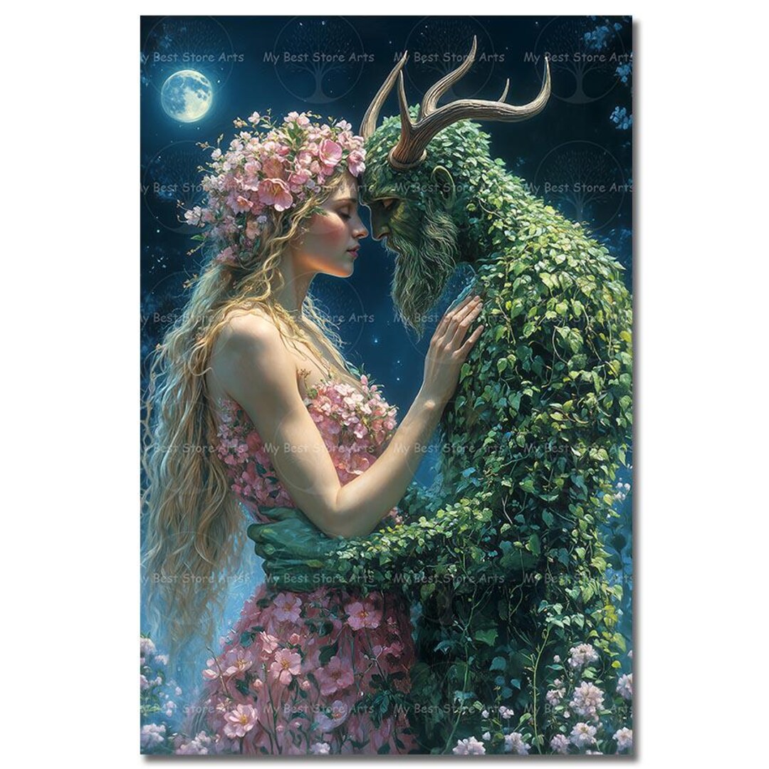 Mystical May Queen and Horned God Art Print - Pagan Beltane Poster ...