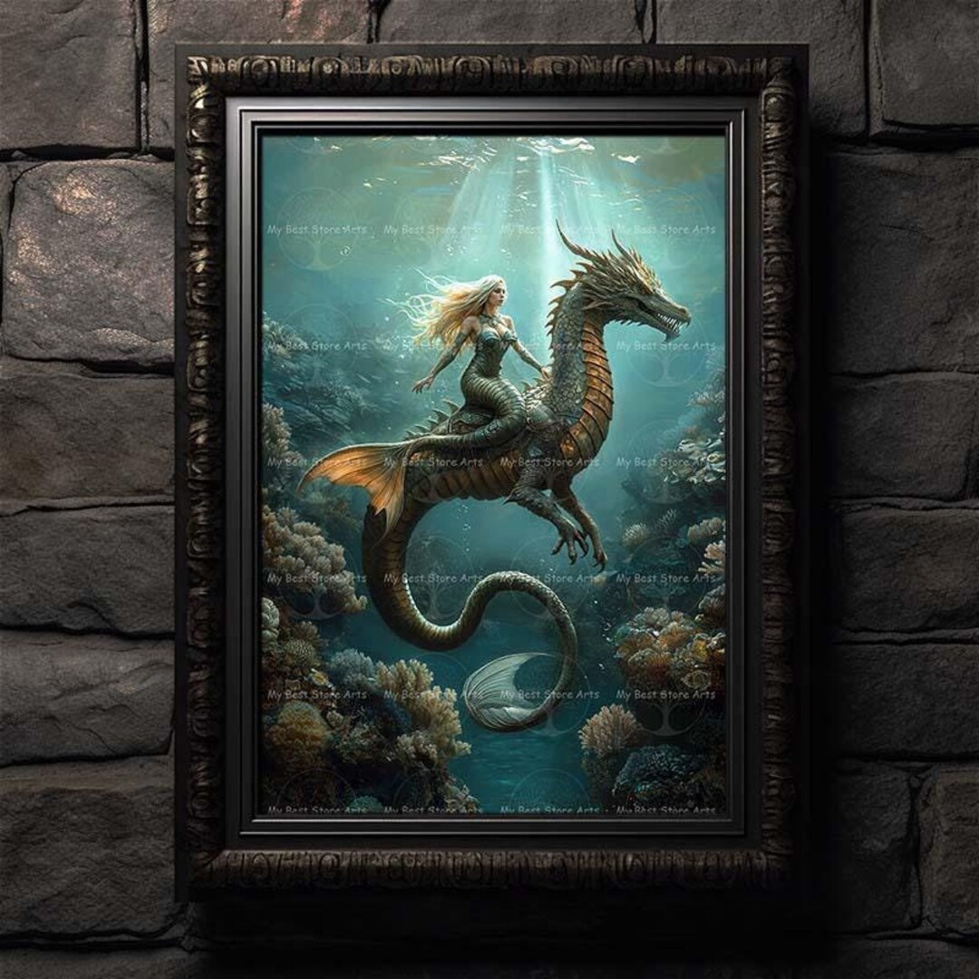 Mermaid and Sea Dragon Art Print - Fantasy Warrior Wall Decor, Siren ...