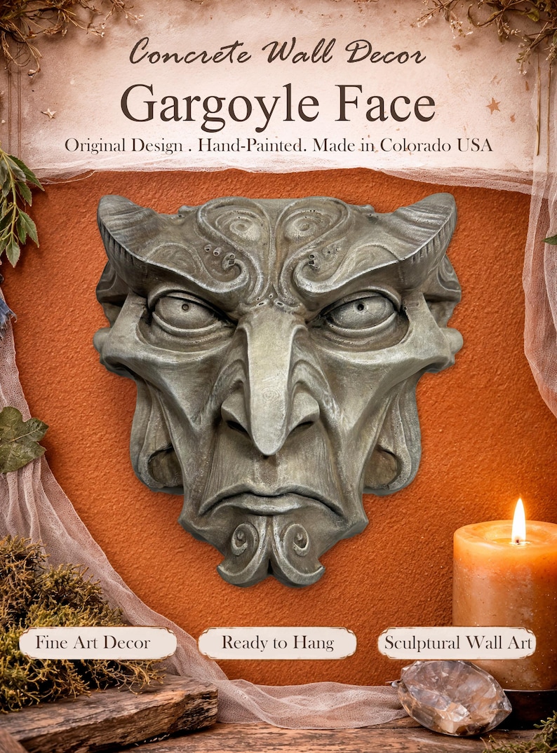 Gargoyle Face Wall Sculpture - Hand-painted Concrete Decor, Dark ...