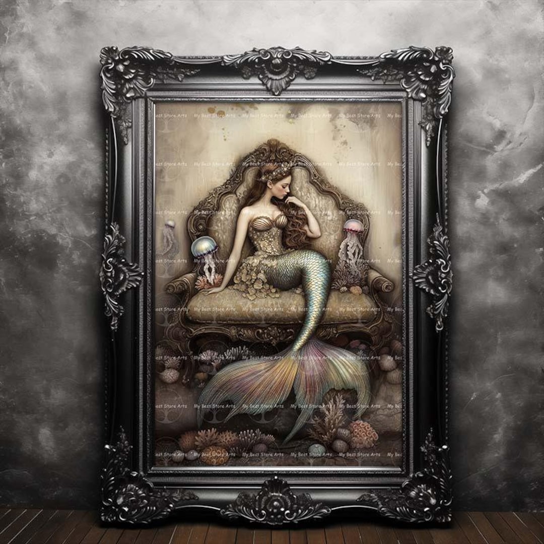 Mermaid on Sofa Art Print Underwater Fantasy Wall Decor, Moody Gothic ...