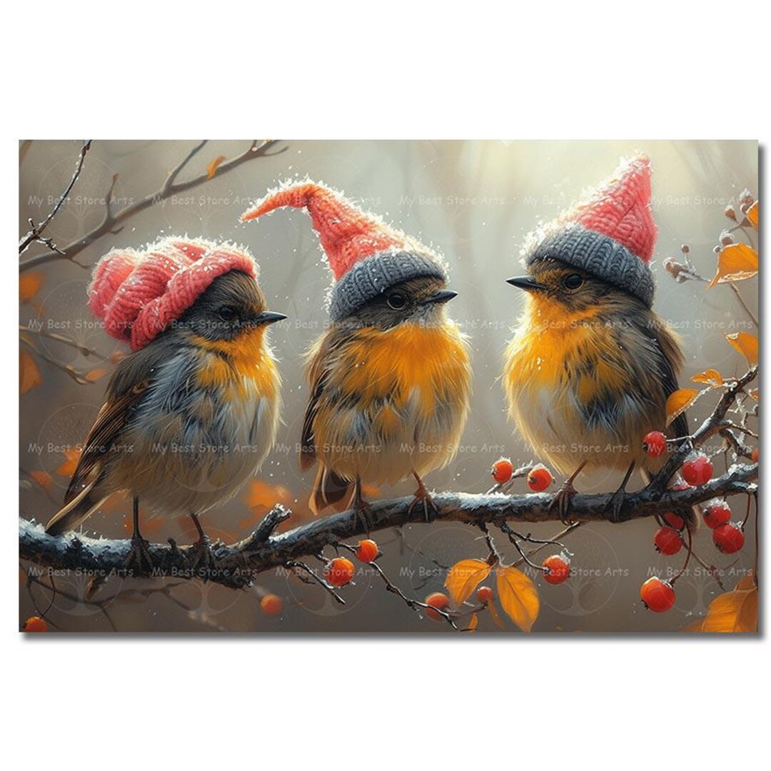 Cute Winter Birds Art Print - Cottagecore Fantasy Wall Decor, Holiday ...