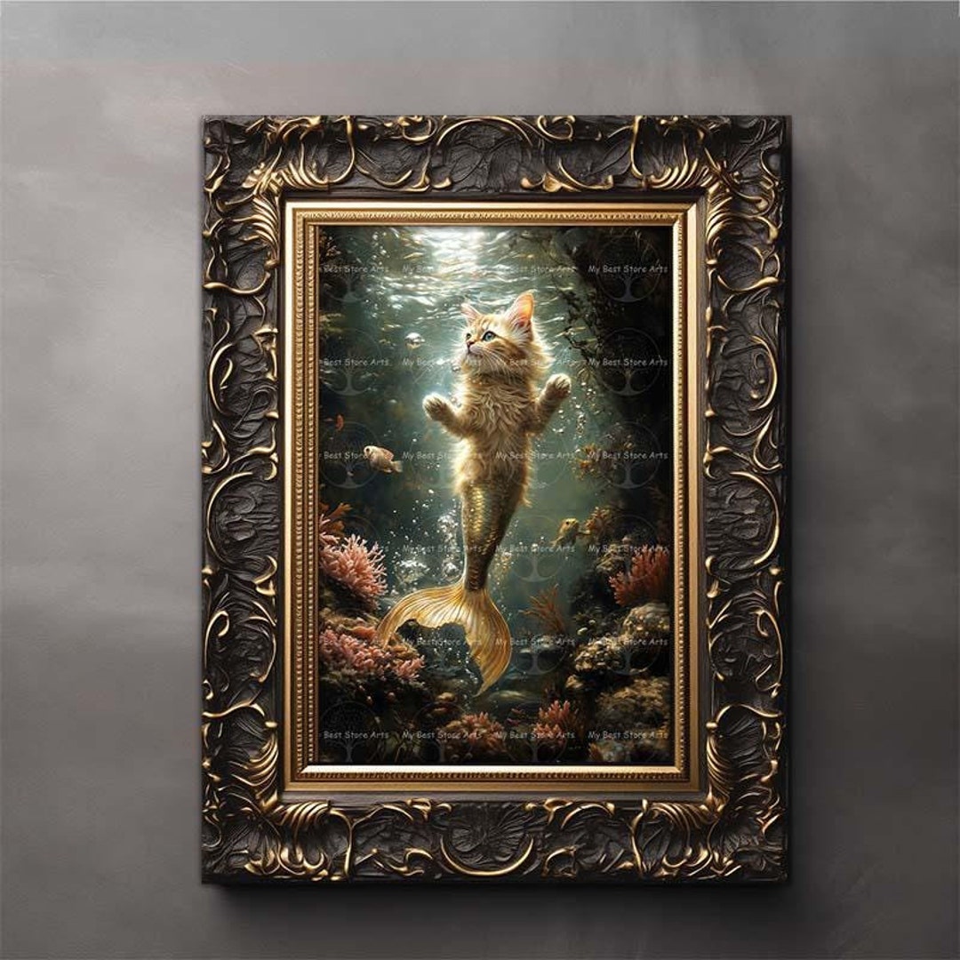 Mermaid Cat Fine Art Print - Ocean Cat Poster, Cute Fantasy Decor ...
