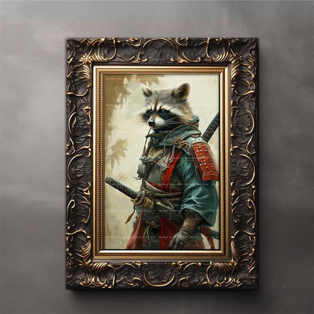 Raccoon Samurai Art Print, Fighter Raccoon Wall Decor, Warrior Animal ...