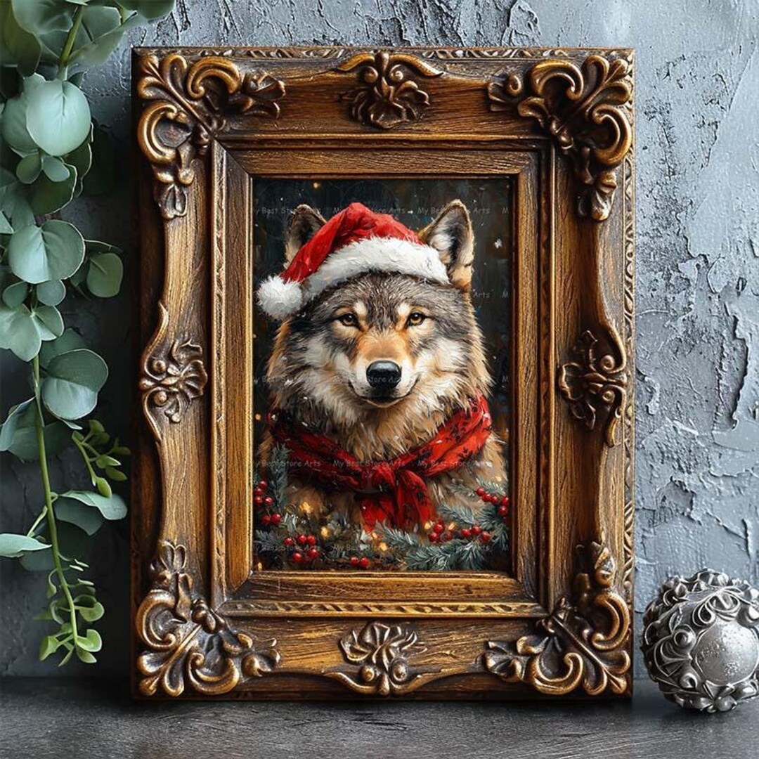 Santa Wolf Christmas Art Print - Cute Animal Wall Decor, Wolf Picture ...