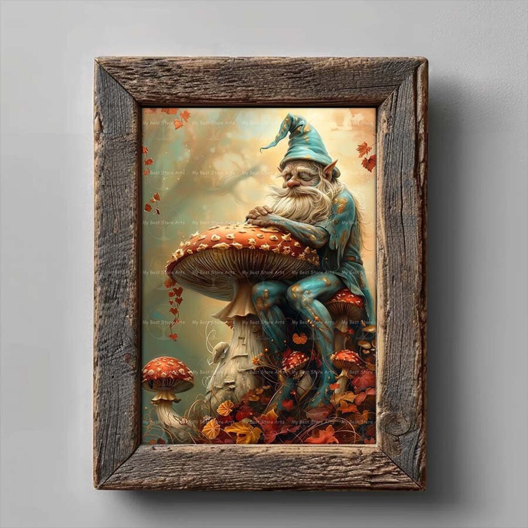 Blue Gnome Art Print Fantasy Cottagecore Picture, Fairy Forest Poster ...