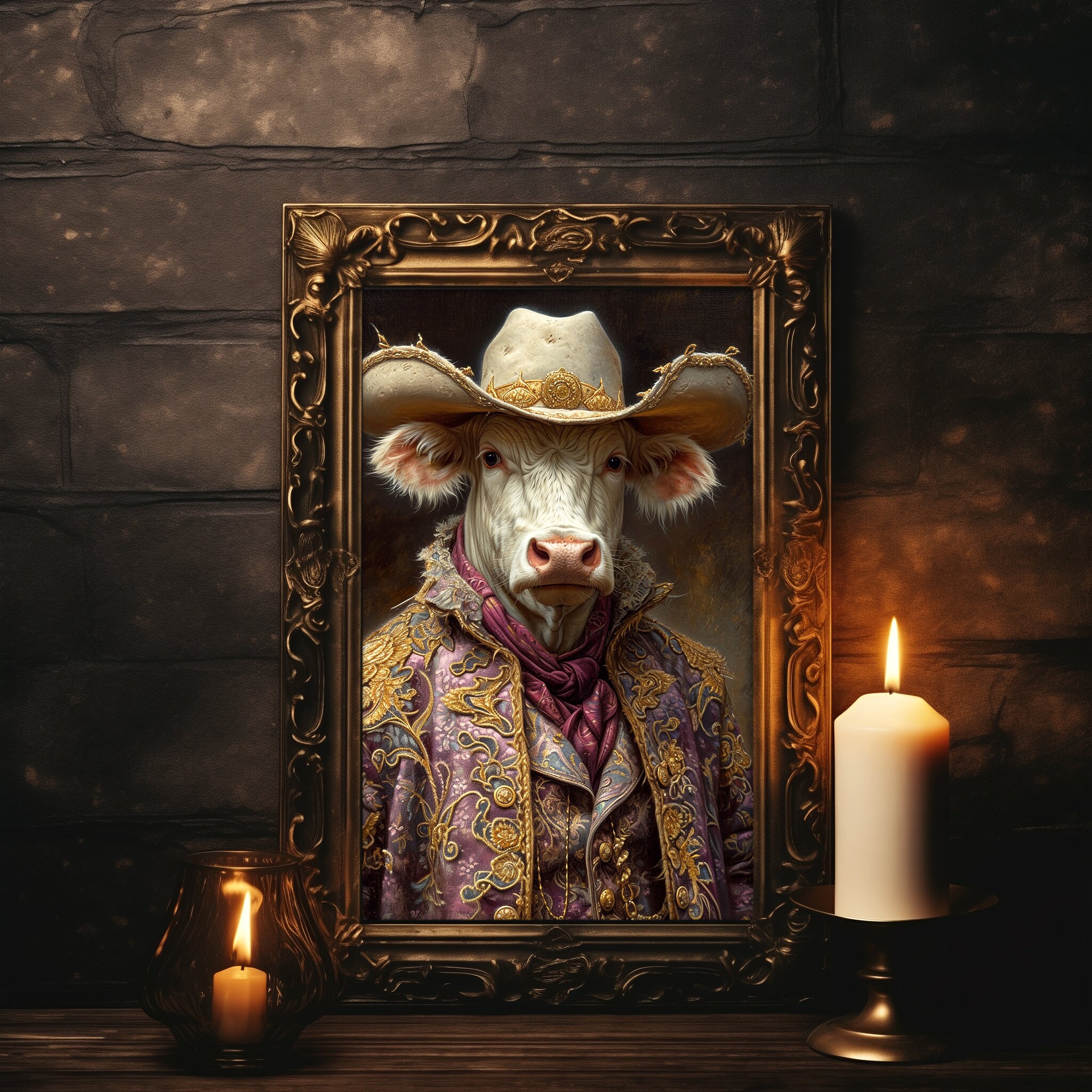 Cowboy Cow Art Print Fantasy Poster, Farm Home Decor, Bull Portrait ...