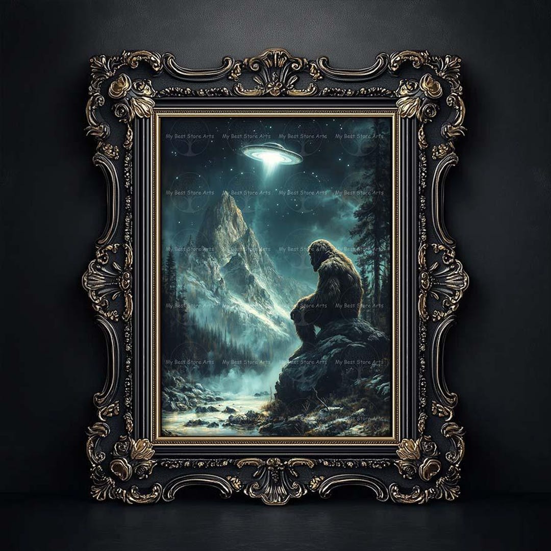 Bigfoot and UFO Art Print - Legendary Cryptid Creature, Mythical Beast ...