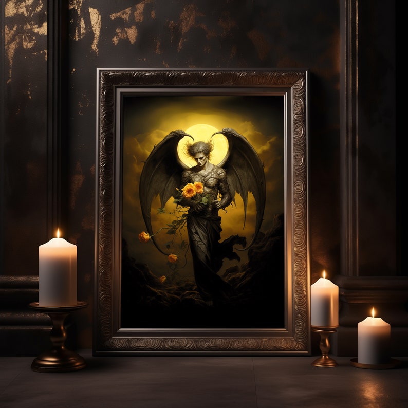 Fallen Angel Moonlight Art Print, Fantasy Dark Academia Poster, Demon ...
