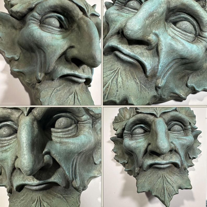Green Man Face Wall Sculpture - Hand-painted Concrete Decor, Mystical ...