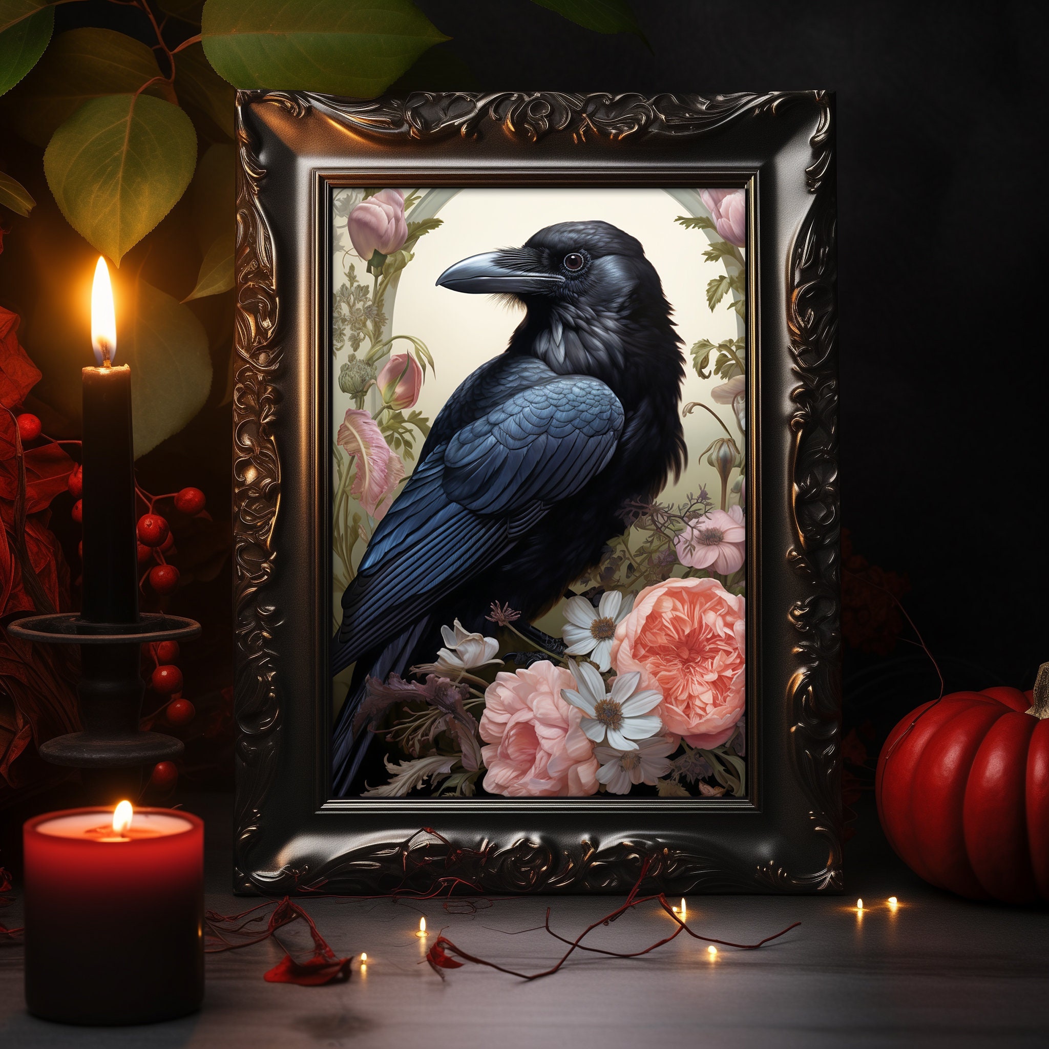 Raven Fantasy Art Print Whimsical Raven Decor Floral - Etsy