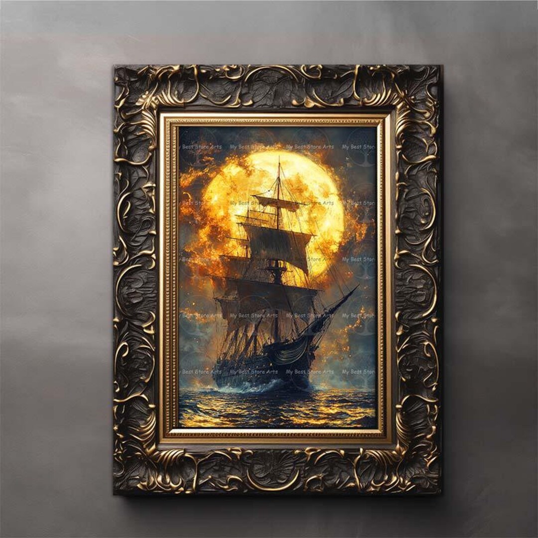 Pirate Ship Moon Art Print - Dark Academia Poster, Gothic Pirate Wall ...