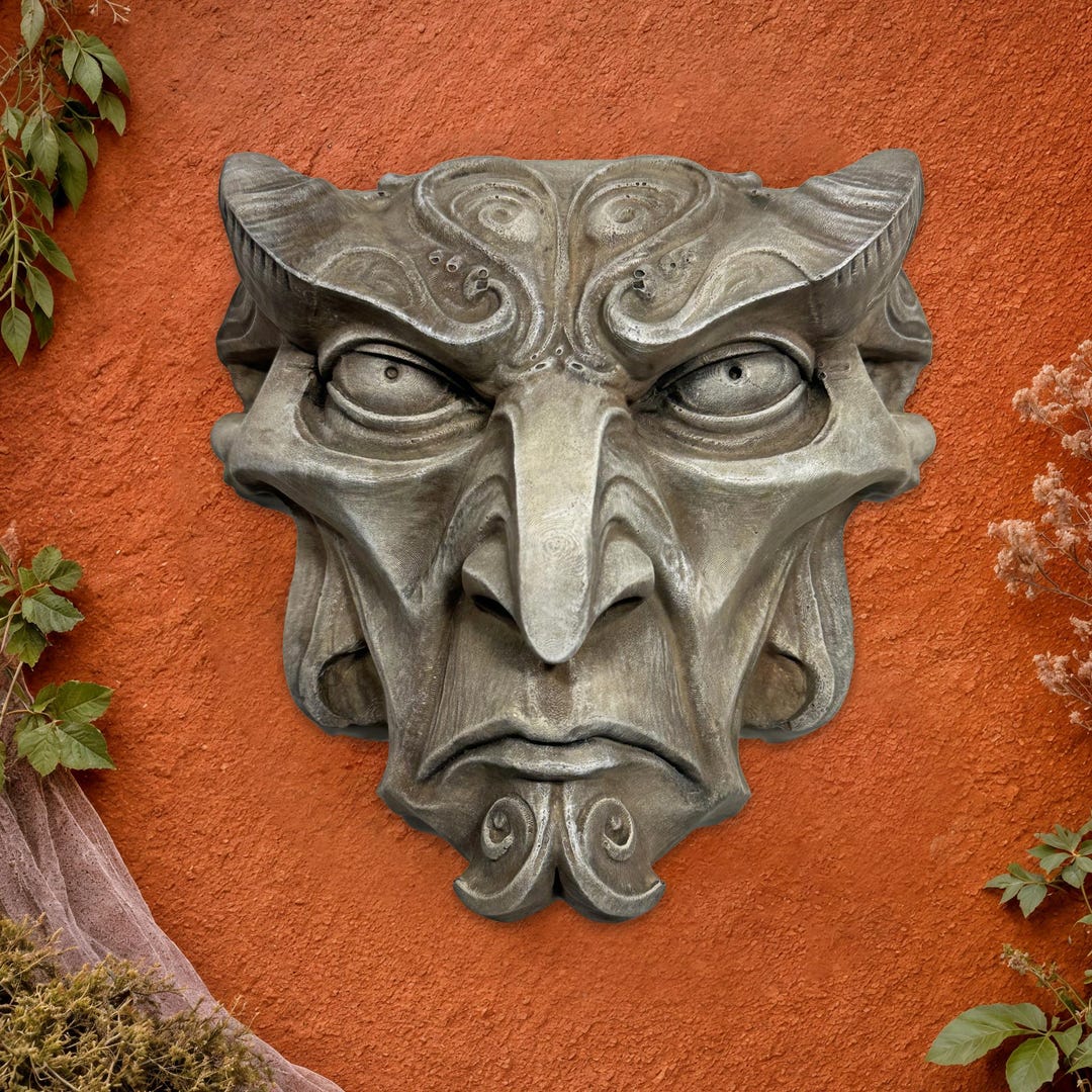 Gargoyle Face Wall Sculpture - Hand-painted Concrete Decor, Dark ...