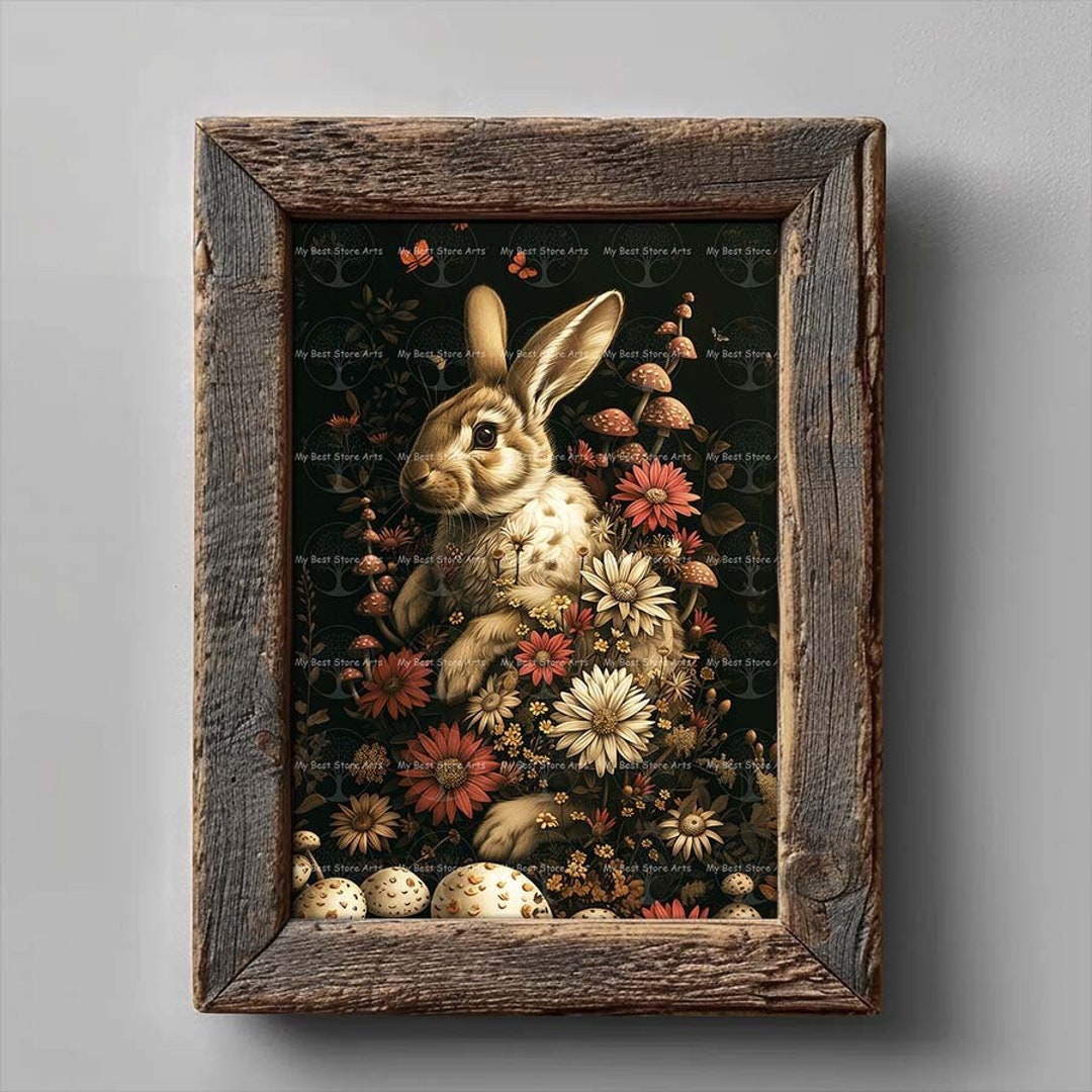 Cottagecore Rabbit Art Print - Botanical Poster, Moody Flower Wall ...