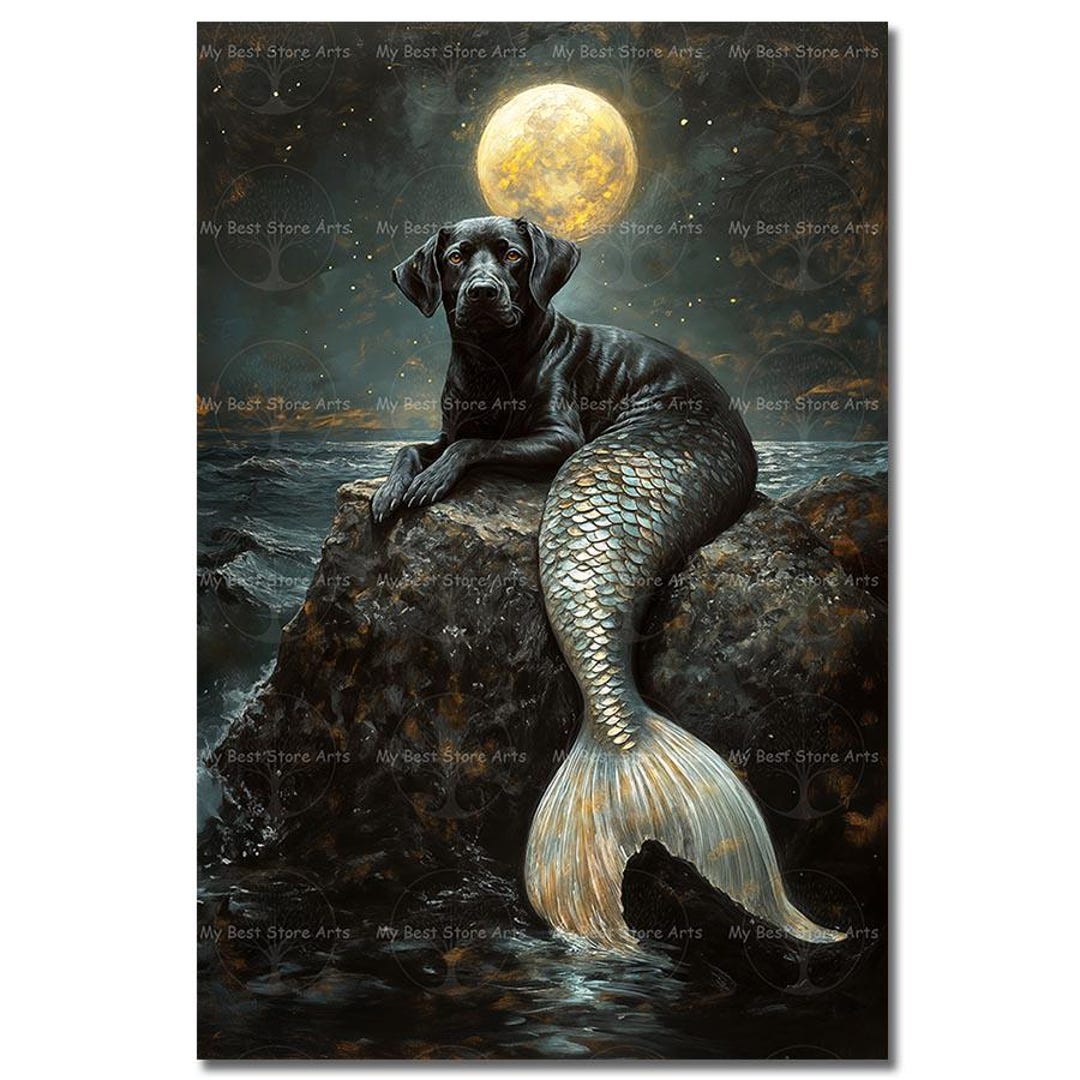 Mermaid Dog Art Print - Gothic Ocean Poster, Cute Fantasy Decor, Black ...