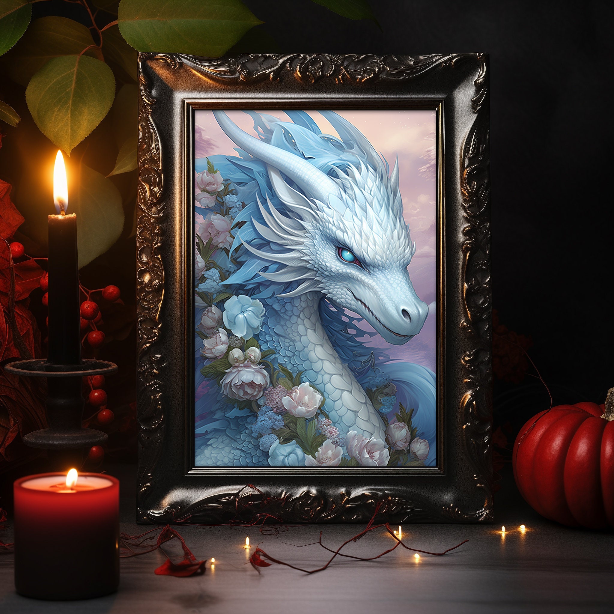 Light Blue Ice Dragon Art Print, Celestial Dragon Poster, Fantasy ...