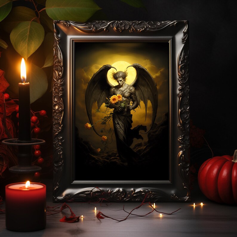 Fallen Angel Moonlight Art Print, Fantasy Dark Academia Poster, Demon ...