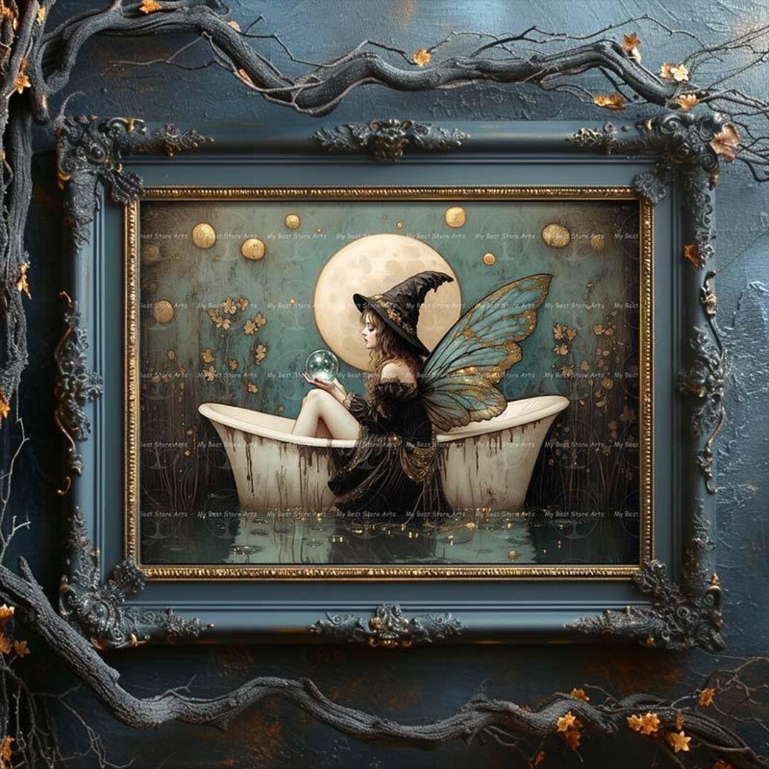 Witchy Fairy in Bathtub Art Print - Cottagecore Blue, Moody Gothic ...