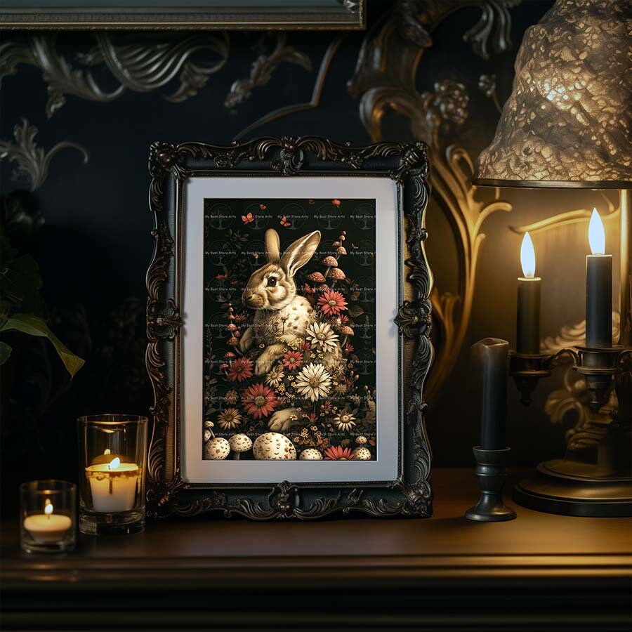 Cottagecore Rabbit Art Print - Botanical Poster, Moody Flower Wall ...