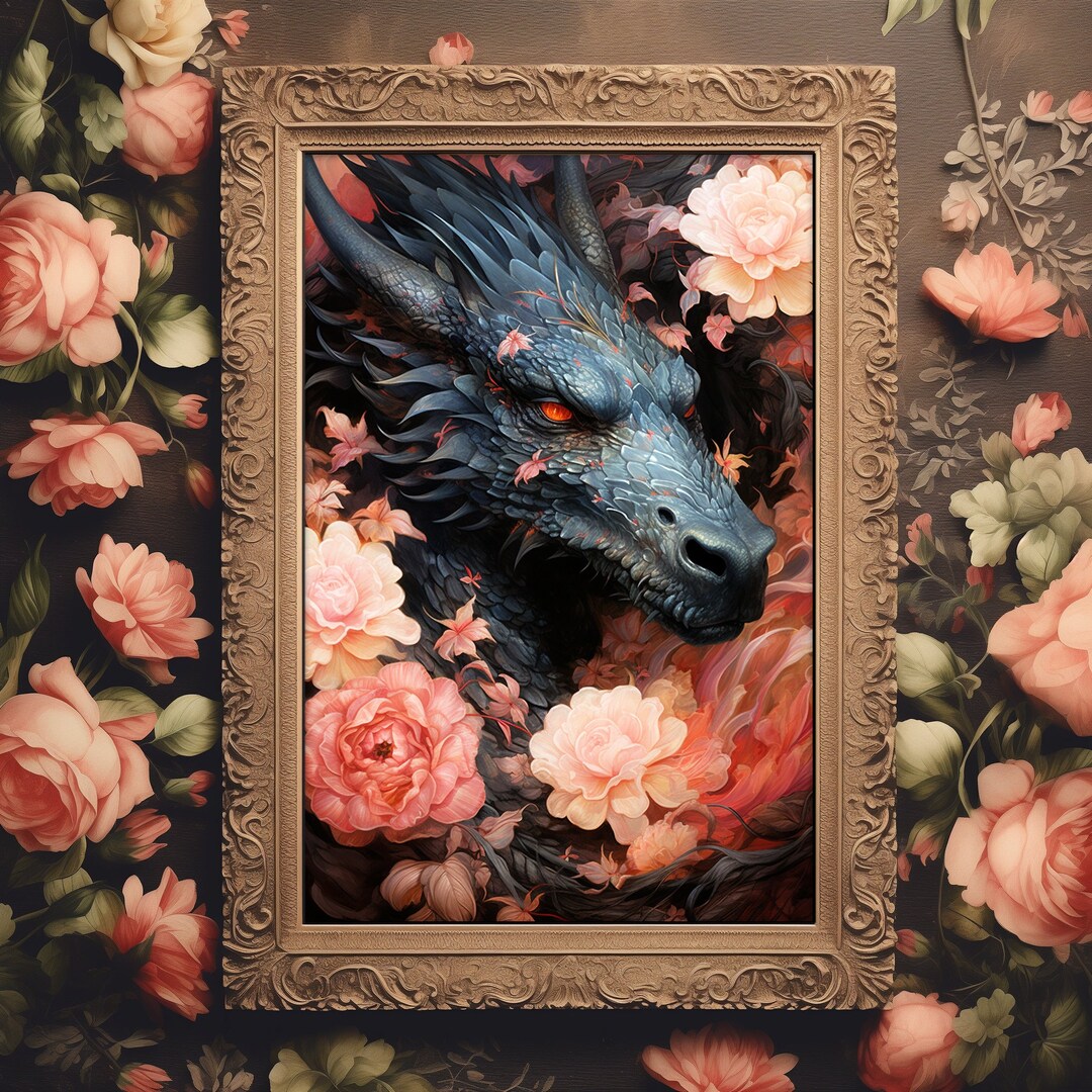 Flower Dragon Art Print, Surreal Dragon Poster, Dark Academia Wall ...