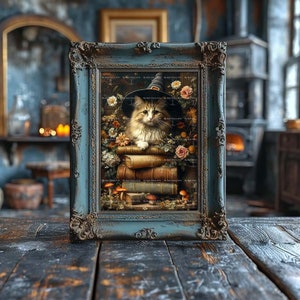 Witchy Library Cat Art Print - Whimsical Book Poster, Cute Kitten Wall ...