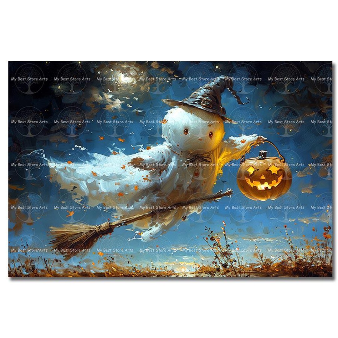 Halloween Ghost on Broom Art Print - Witchy Dark Academia, Cute Home ...