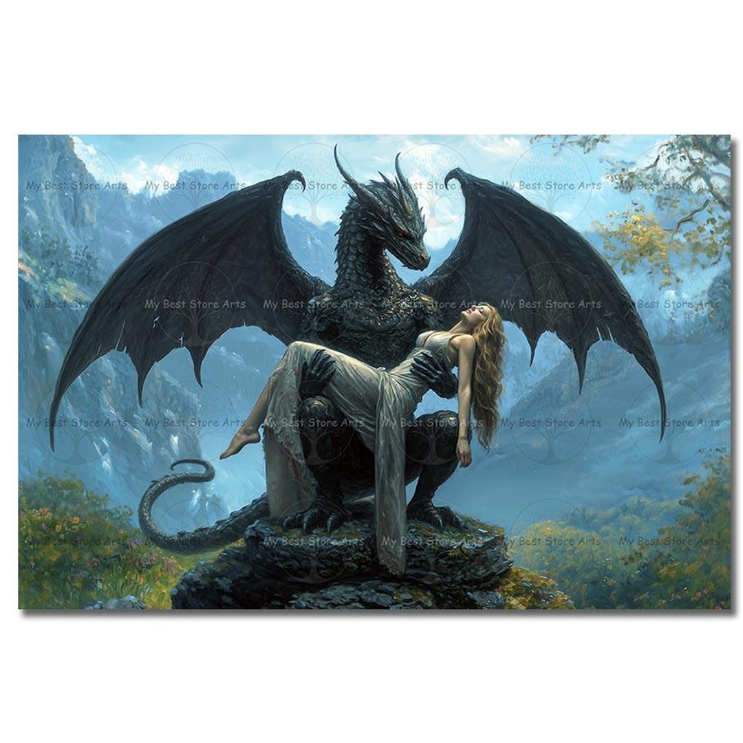 Woman and Dragon Art Print - Moody Gothic Fantasy Decor, Witchy ...