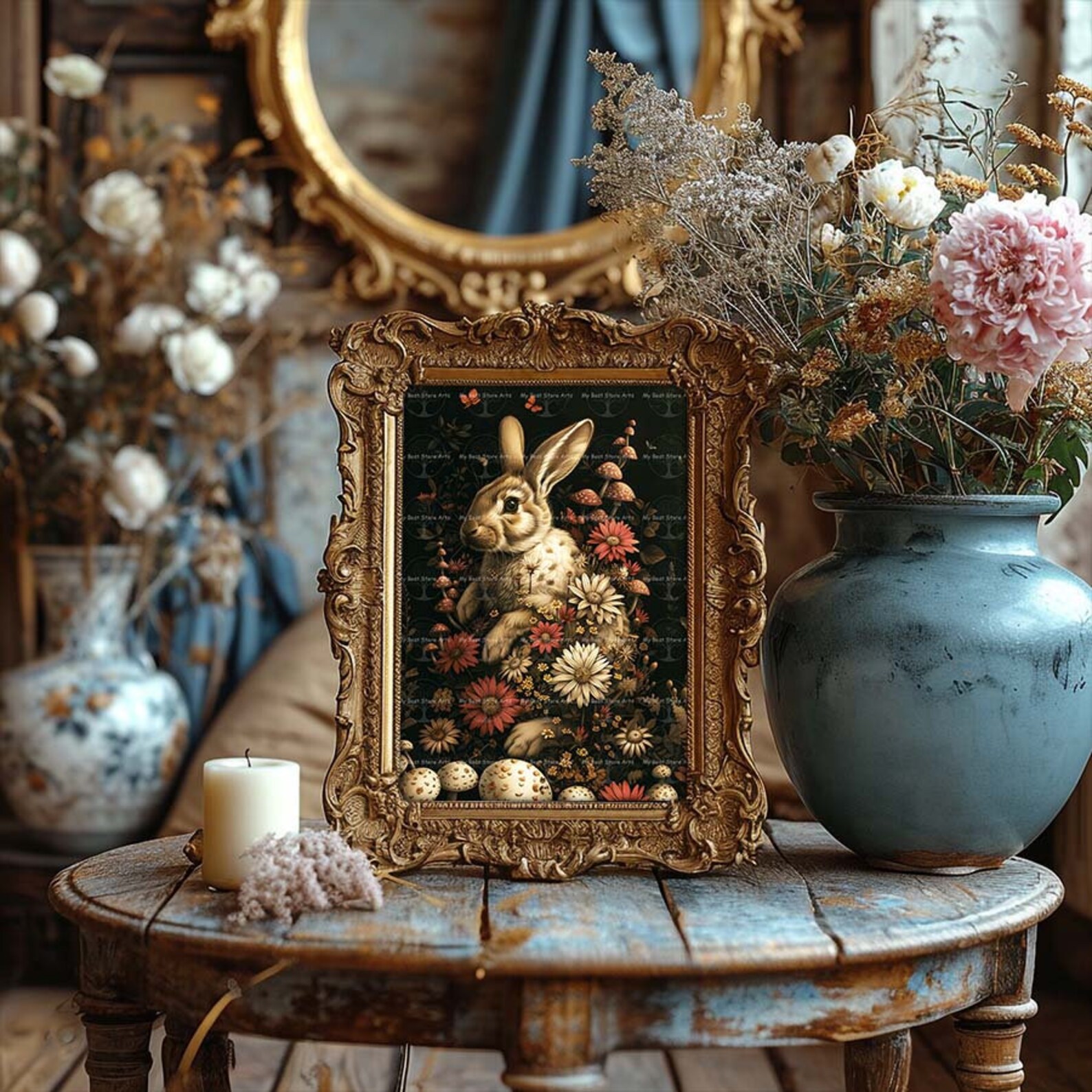 Cottagecore Rabbit Art Print - Botanical Poster, Moody Flower Wall ...