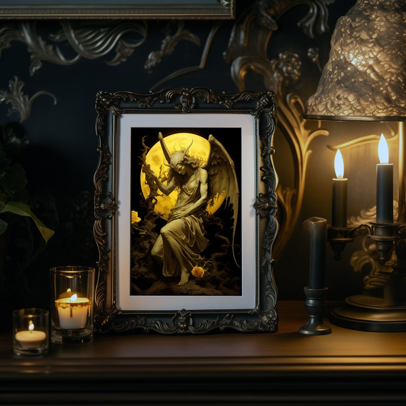 Fallen Angel Yellow Moon Art Print Fantasy Dark Academia Poster, Demon ...