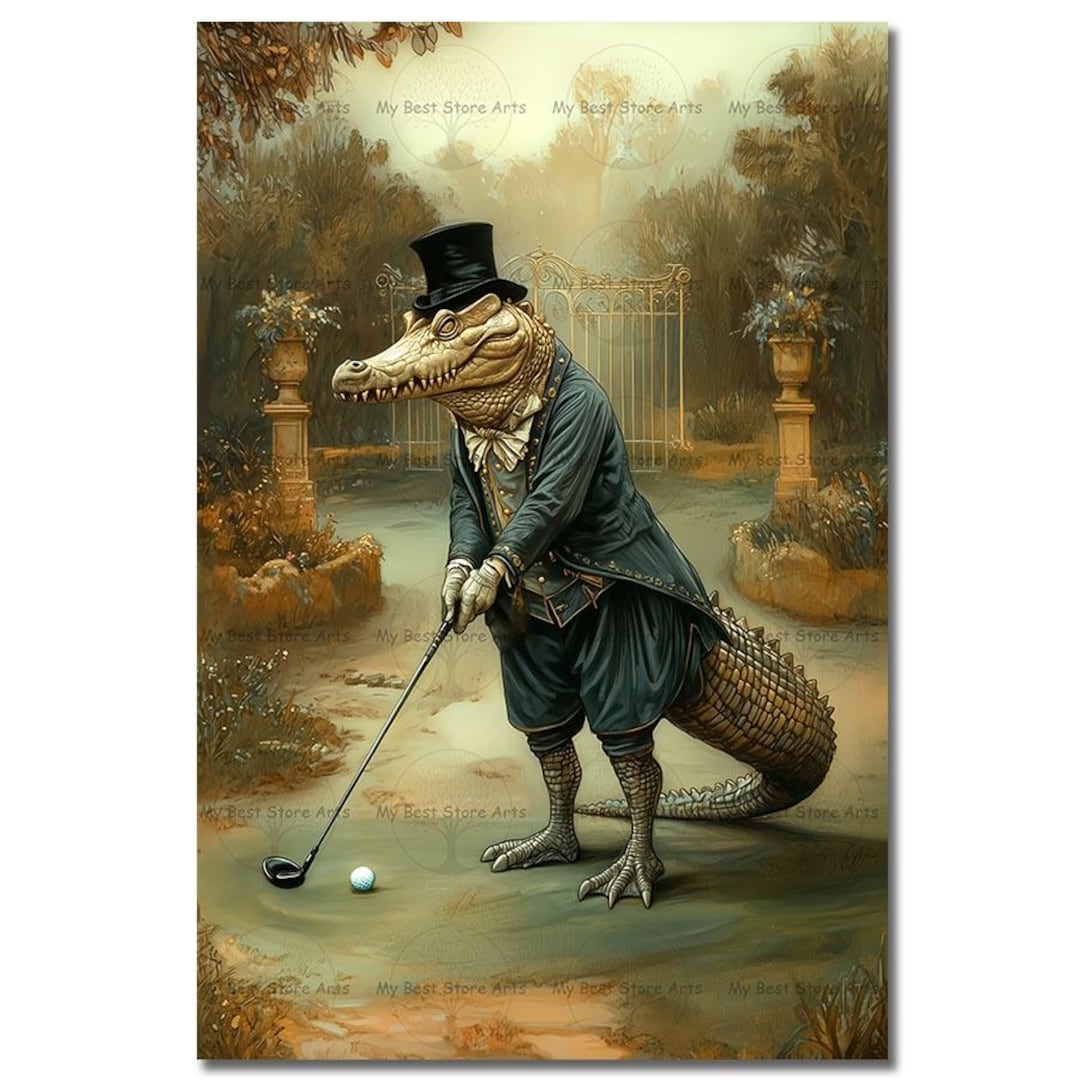 Alligator Playing Golf Art Print - Sports-themed Fantasy Picture, Cute ...