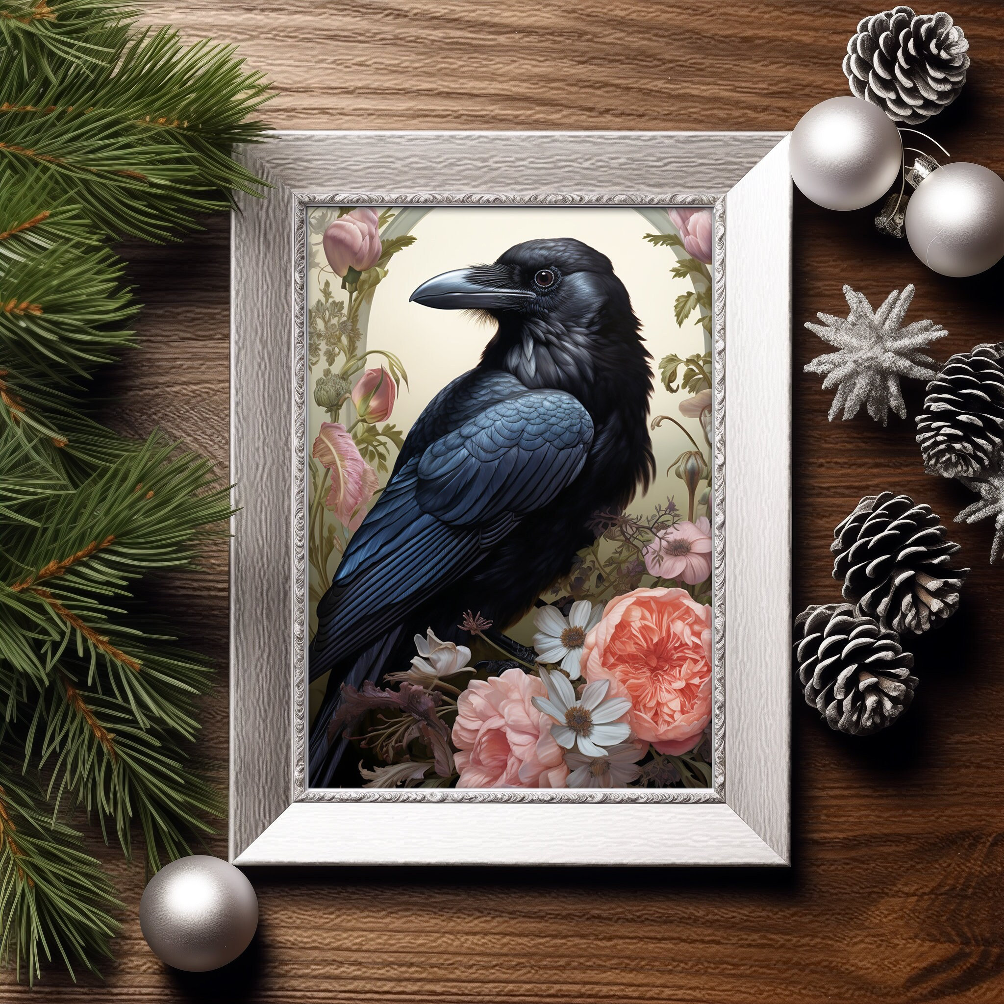 Raven Fantasy Art Print Whimsical Raven Decor Floral - Etsy