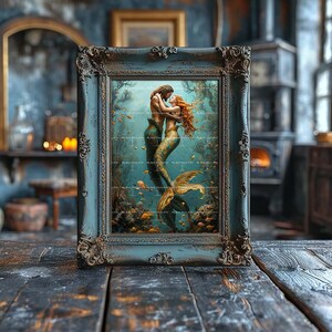Siren and Merman Art Print - Romance Love Poster, Cute Siren Underwater ...