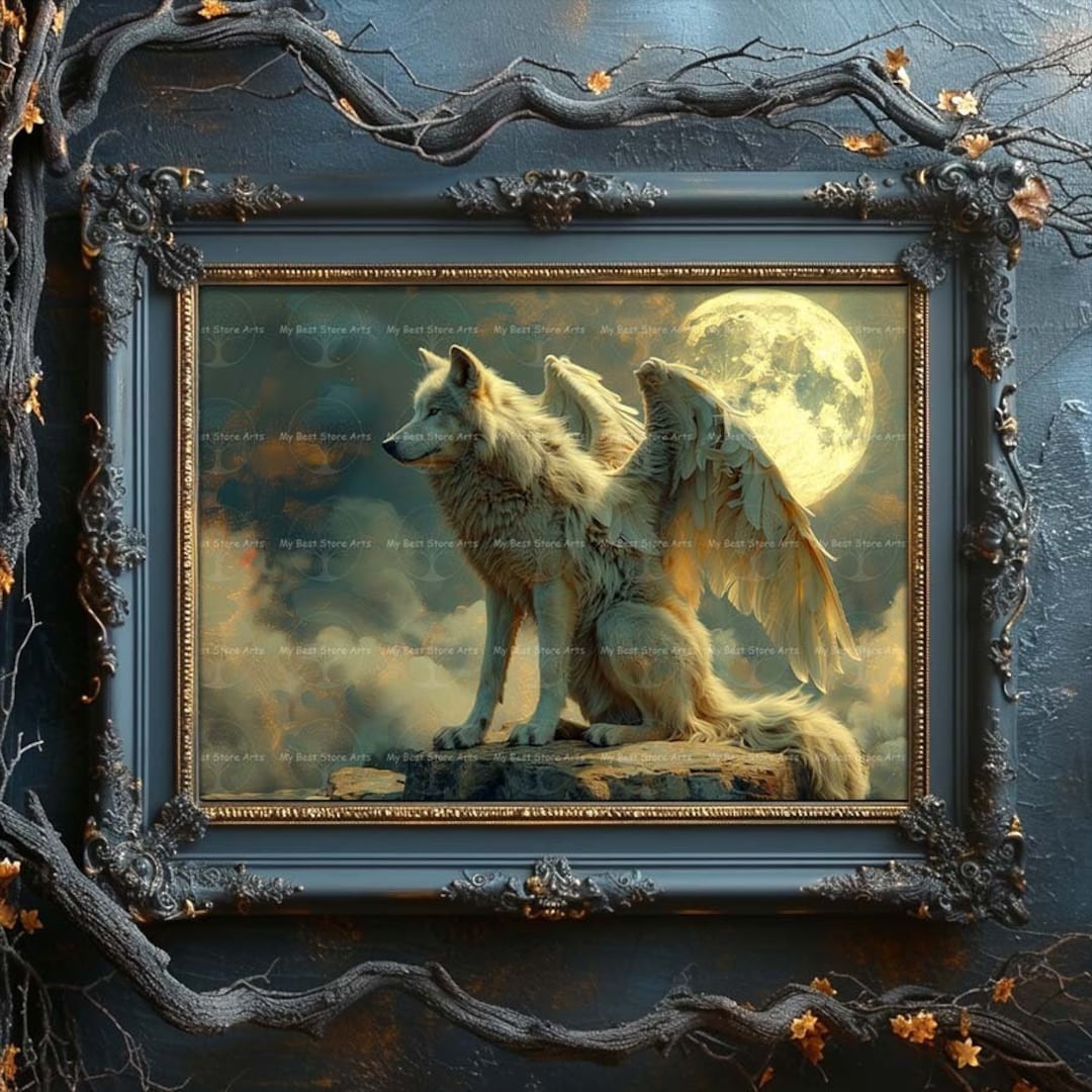 The Winged Wolf Art Print - Fantasy Decor, Snow Wolf and Moon, Folklore ...