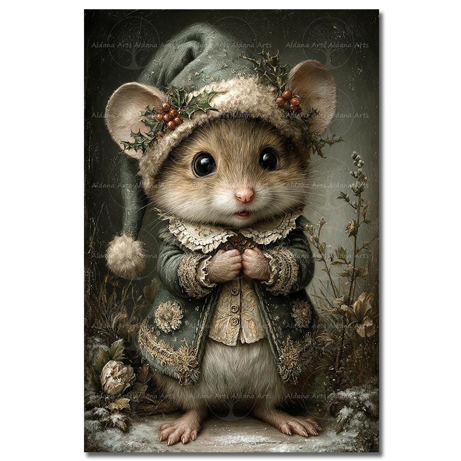Victorian Christmas Mouse Art Print - Woodland Animal Wall Decor, Cozy ...
