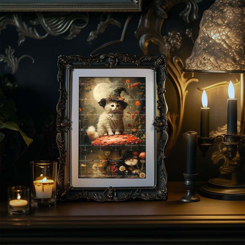 Cute Witchy Cat Art Print - Fantasy Poster, Magical Kitten Decor, Dark ...