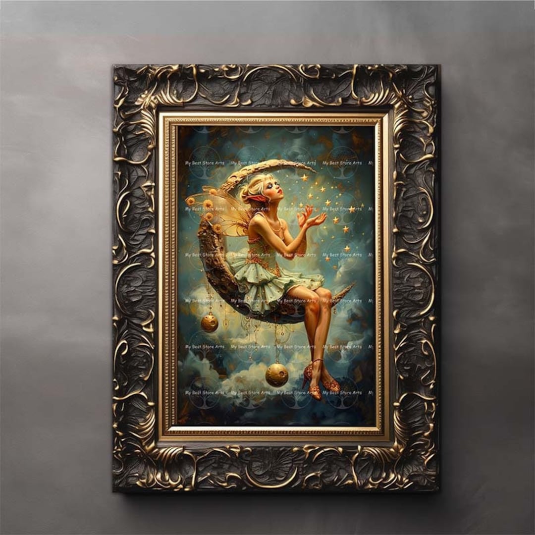 Fairy on Moon Art Print - Fantasy Picture, Surreal Fae Poster ...