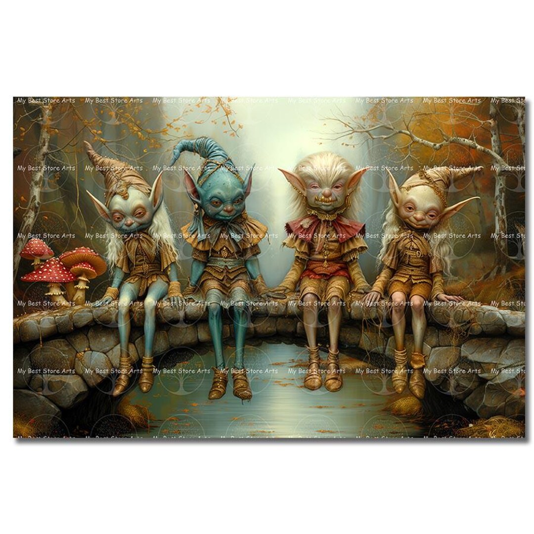 Cute Bridge Trolls Art Print - Fantasy Cottagecore Picture, Fairytale ...
