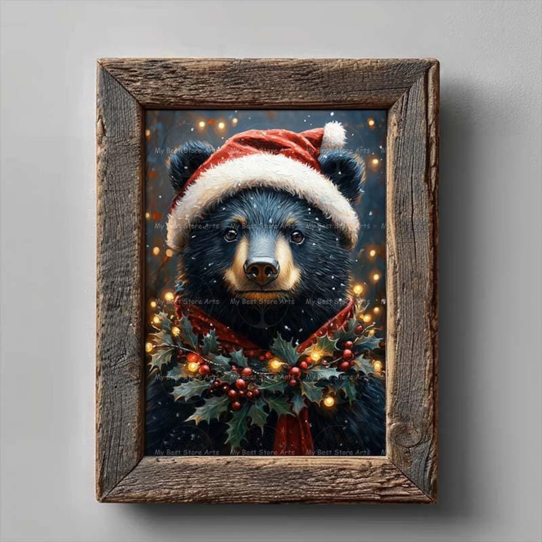 Christmas Bear Art Print - Cute Santa Animal Wall Decor, Black Bear ...