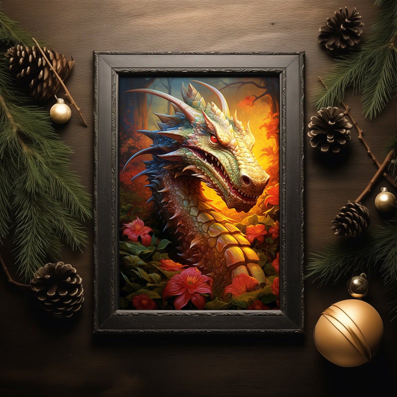 Rose Dragon Art Print Fantasy Poster, Flower and Mythical Creature ...